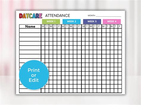 Editable Daycare Weekly Attendance Sheet Printable Daycare Attendance