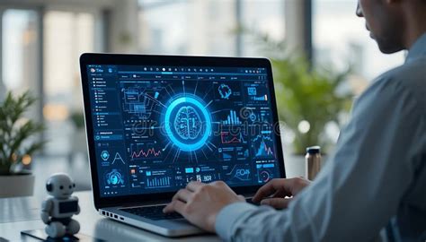 Person Using Laptop With Digital Brain Interface For Technology Insights Stock Illustration