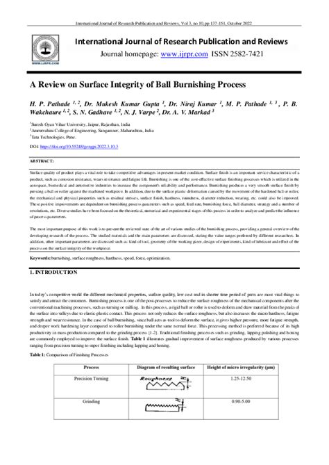 Pdf A Review On Surface Integrity Of Ball Burnishing Process