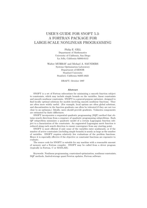 Pdf Users Guide For Snopt 53 A Fortran Package For Large Scale Nonlinear Programming