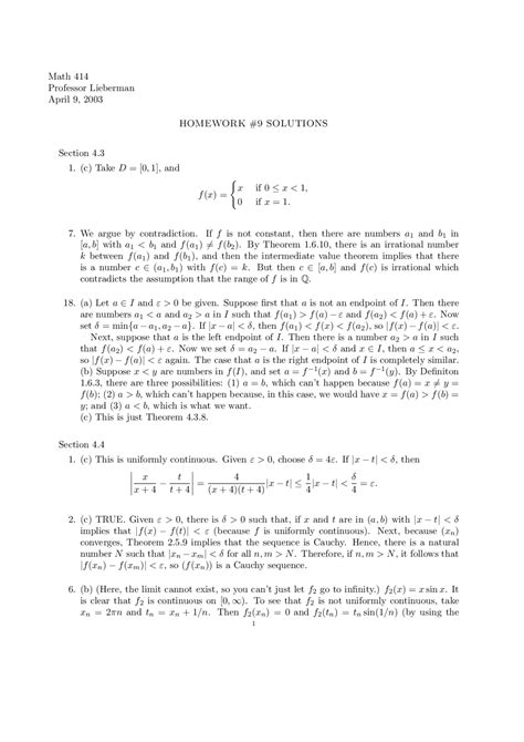 Homework 6 Solutions Analysis I Math 414 Docsity