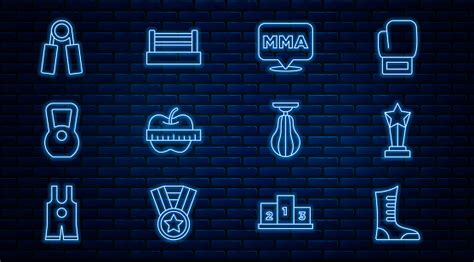 세트 라인 스포츠 권투 신발 수상 컵 파이트 클럽 Mma 애플 및 측정 테이프 케틀벨 확장기 펀칭 백 및 권투 아이콘 벡터 가죽에 대한 스톡 벡터 아트 및 기타 이미지