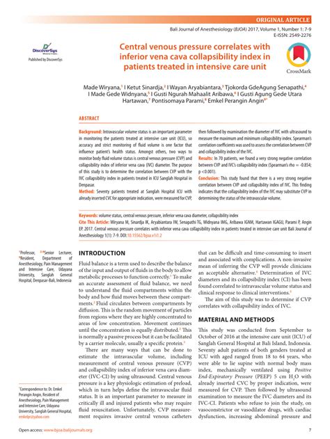 Pdf Central Venous Pressure Correlates With Inferior Vena Cava Collapsibility Index In Patient