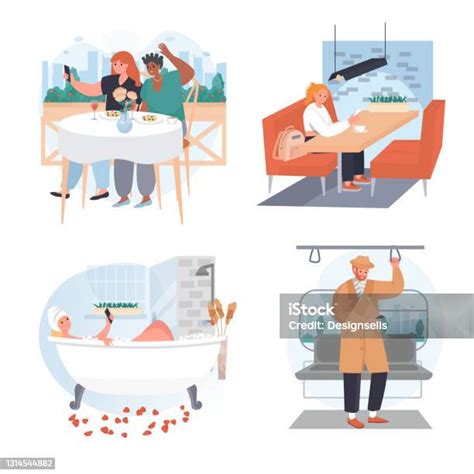 사람들은 다양한 위치 컨셉 씬 세트에서 스마트폰을 사용합니다 카페 목욕 교통에서 전화와 남성과 여성 인간 활동의 수집 플랫 디자인의 문자벡터 일러스트레이션 개념에 대한 스톡