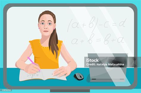 거리 홈 기반 온라인 학습 노트북을 들고 있는 여학생이 학교 수학 수업을 듣고 노트북에 쓴다 개인 및 원격 학습의 벡터 평면