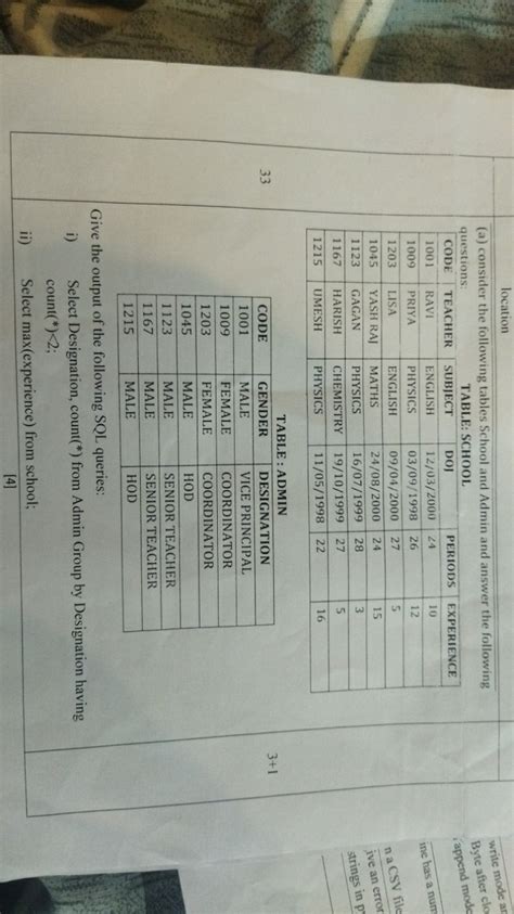 Locationa Consider The Following Tables School And Admin And Answer Th