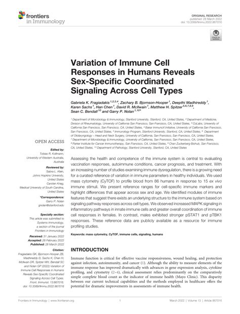 Pdf Variation Of Immune Cell Responses In Humans Reveals Sex Specific