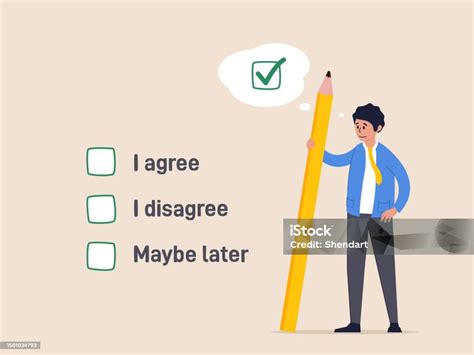 비즈니스 계약 개념입니다 동의 문서는 선택 동의 또는 동의하지 않음 수락 또는 승인 예 또는 아니오 답변 나중에 결정 연필을 들고 있는 사업가가 동의 질문에 동의하기로