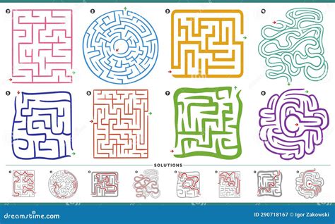 Maze Puzzle Activities Graphs Set With Solutions Stock Vector Illustration Of Education