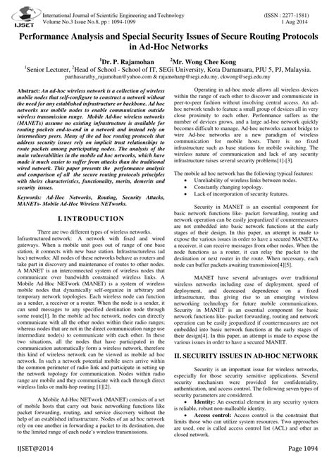 Pdf Performance Analysis And Special Security Issues Of Secure Routing Protocols In Ad Hoc
