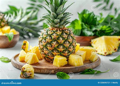 A Whole Pineapple With Freshly Cut Juicy Pieces And Green Leaves On A