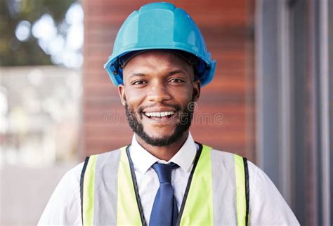 Portrait Engineer And Black Man With Helmet Smile And Construction
