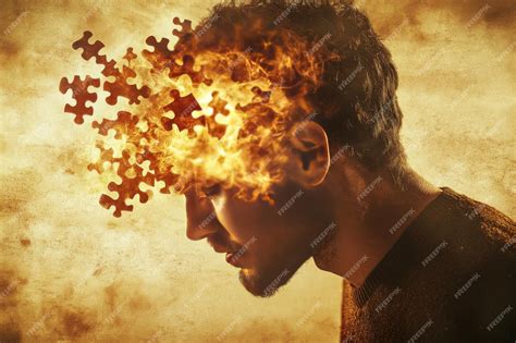Mental Activity Brain Thinking Intense Side Profile Of A Man With Burning Puzzle Pieces Falling
