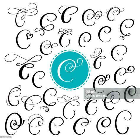 손으로 그린된 벡터 서 예 문자 C 스크립트 글꼴의 집합입니다 잉크와 함께 작성 하는 고립 된 편지 필기 브러쉬 스타일입니다 로고 포장 디자인 포스터에 대 한 손 글자입니다