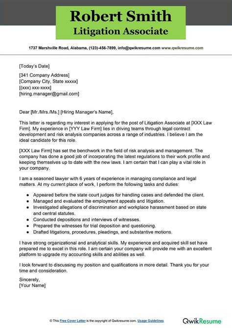 Litigation Associate Cover Letter Examples Qwikresume