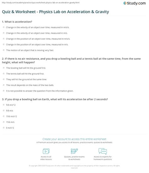 Quiz And Worksheet Physics Lab On Acceleration And Gravity
