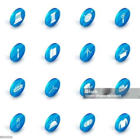 스풀에 재봉실 뜨개질 바늘이 있는 원사 공 커터 도구 재봉용 바늘 섬유 직물 롤 옷걸이 옷장 및 아이콘을 설정합니다 벡터 3차원 형태에 대한 스톡 벡터 아트 및 기타 이미지