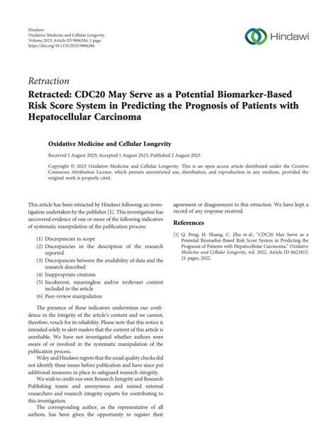 Pdf Retracted Cdc20 May Serve As A Potential Biomarker Based Risk