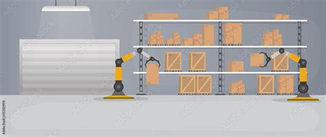 Production Warehouse With Boxes And Pallets Robotic Arm Works In A Warehouse Robot Arm Lifts