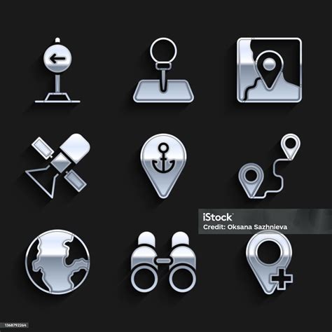 앵커 쌍안경 경로 위치 지구 지구 위성 접힌 지도 마커 및 교통 표지판이 왼쪽 아이콘을 돌이키면 위치를 설정합니다 벡터 0명에 대한 스톡 벡터 아트 및 기타 이미지 Istock