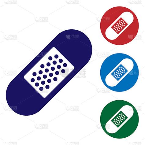 蓝色绷带石膏图标隔离在白色背景医用石膏胶粘绷带弹性织物绷带设置圆形按钮中的颜色图标矢量图