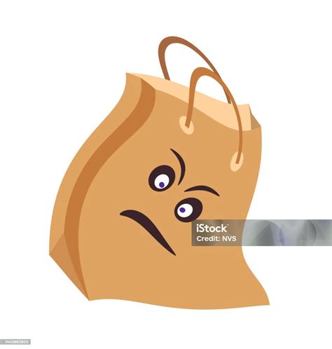 빈 종이 손잡이 슬픈 얼굴의 갈색 쇼핑백 그림 아이콘입니다 상점 포장 소매 매장 배송 서비스 식품 크래프트 에코 백 인플레이션과 위기 개념 가격 상승 블랙 프라이데이 가격에