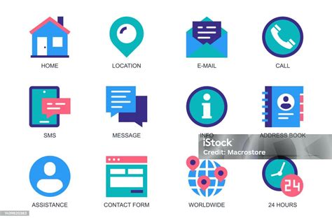 문의하기 간단한 평면 디자인으로 설정된 웹 아이콘의 개념 집 위치 이메일 전화 Sms 메시지 주소록 지원 전 세계 24 시간 및