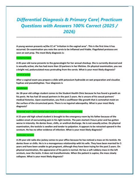 Differential Diagnosis Primary Care Practicum Questions With Answers 100 Correct 2025