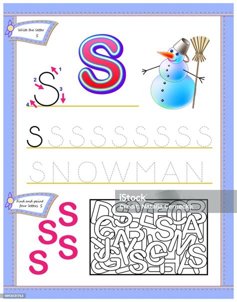 영어 알파벳 공부를 위한 문자 S가 있는 아이들을 위한 워크시트 논리 퍼즐 게임 아이들의 쓰기와 읽기 능력을 개발합니다 벡터 만화 이미지입니다 순서에 대한 스톡 벡터 아트