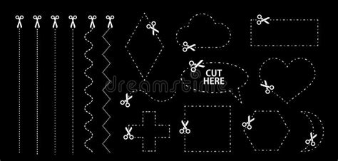 Set Of Scissors With Cut Lines Vector Collection Of Different Geometric Shapes With Dashed