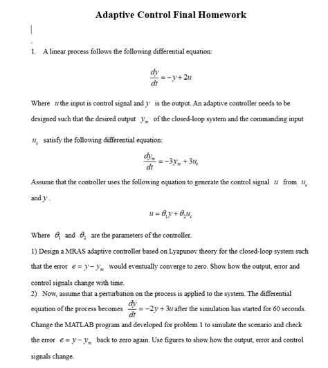 Solved Adaptive Control Final Homework A Linear Process Chegg