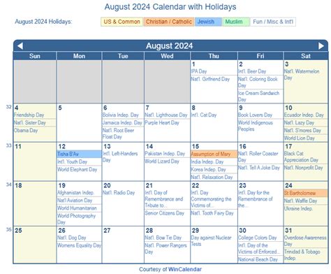 August Calendar 2024 With Holidays