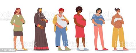 다국적 여성 임신과 모성 개념 흰색에 고립 된 큰 배를 가진 다양한 임산부 임신에 대한 스톡 벡터 아트 및 기타 이미지 임신 여자 일러스트레이션 Istock