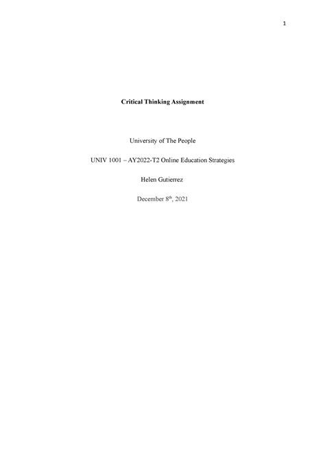 Written Assignment Unit 4 Critical Thinking Analysis Critical Thinking Assignment