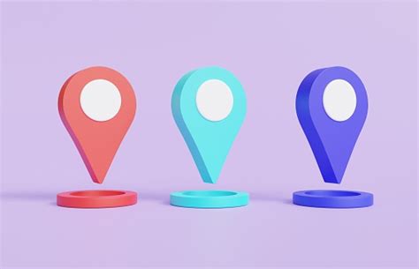 빨강 파랑 진한 파란색 원과 위치 핀 또는 Gps 네비게이션 아이콘 기호에 로케이터 표시 보라색 배경에 3d 사실적인 크리에이티브 3d 아이콘 렌더링 그림입니다 0명에 대한