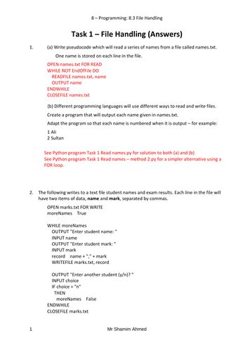 Igcse Computer Science Unit 8 Programming 83 File Handling