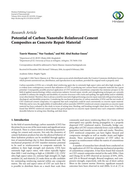 Pdf Potential Of Carbon Nanotube Reinforced Cement Composites As