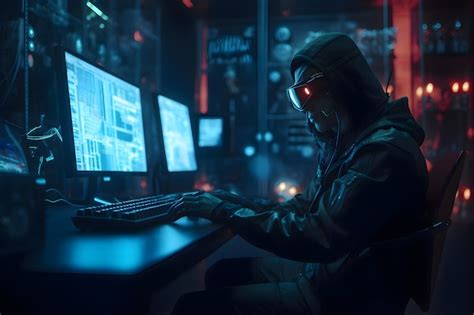 premium ai image hacker in a dark room with computers cybercrime concept
