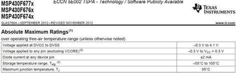 Absolute Maximum Ratings Msp Low Power Microcontroller Forum Msp Low Power Microcontrollers