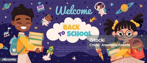 귀여운 아이들과 교육 요소와 함께 학교 벡터 배너 디자인으로 돌아 가기 포스터 벽지 인쇄물 웹 사이트에 대한 책과 배낭을 가진 귀여운 아이들 디자인을 위한 벡터 배경
