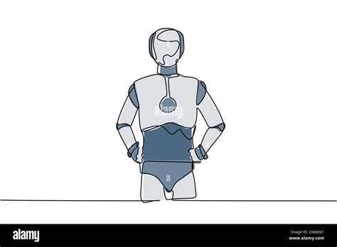 Continuous One Line Drawing Robot Standing And Holding Hand On Hip