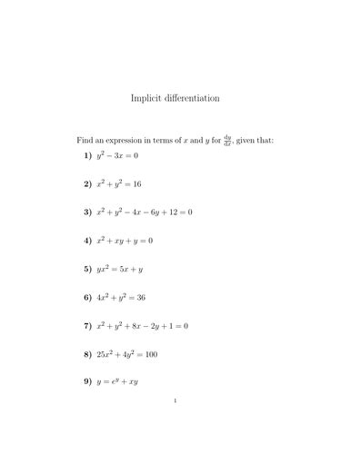 Implicit Differentiation Worksheet No 2 With Detailed Solutions