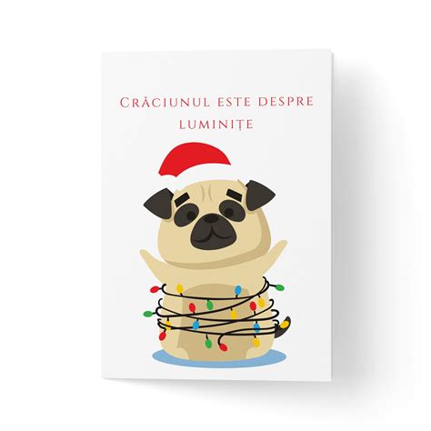 Коледна картичка с плик висококачествена текстурирана хартия Мопс с лампички Emag Bg