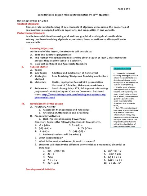 Semi Detailed Lesson Plan In Addition Of Polynomials