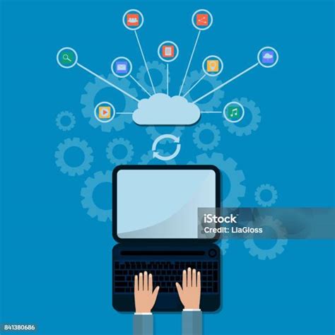 현대 클라우드 서비스 및 클라우드 컴퓨팅 요소 개념입니다 디바이스 기어와 구름에 연결 평면 그림입니다 개념에 대한 스톡 벡터 아트 및 기타 이미지 Istock