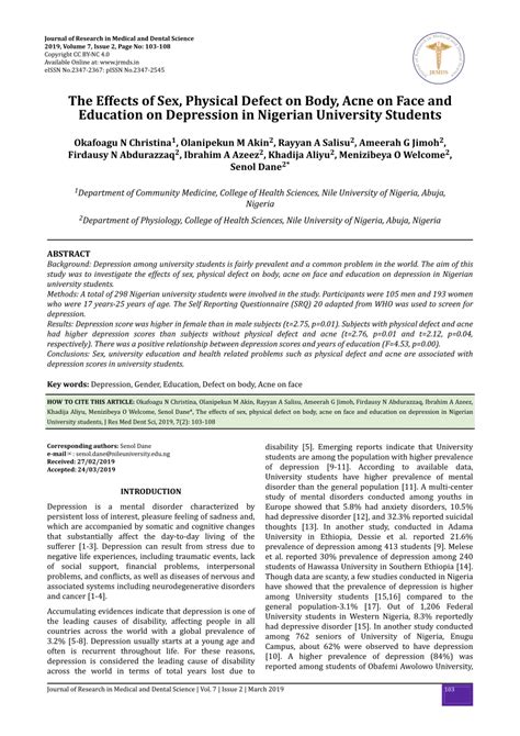 Pdf The Effects Of Sex Physical Defect On Body Acne On Face And Education On Depression In