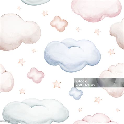 만화 구름 마법의 아기 곰 토끼 장난감 및 소가 있는 매끄러운 패턴 흰색 배경의 수채화 손으로 그린 그림 구름에 대한 스톡 벡터