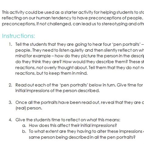 Pen Portraits Activity Word Document • Mylearning