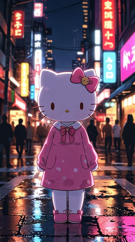 Neon Hello Kitty In The Rain Hello Kitty Wallpaper For Phone Hello