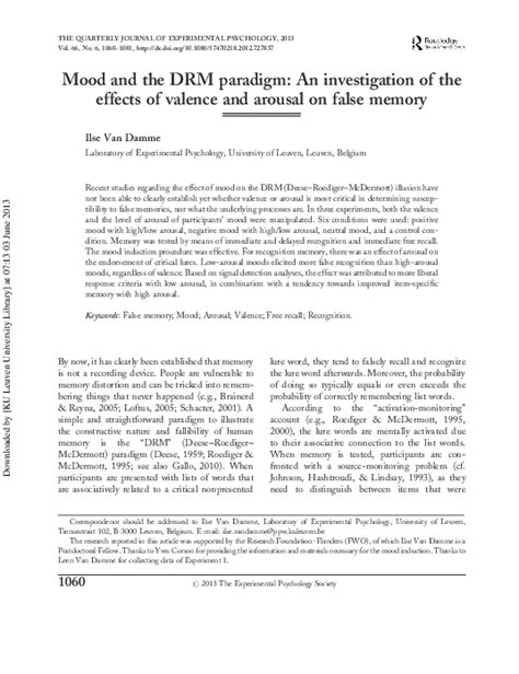 Pdf Mood And The Drm Paradigm An Investigation Of The Effects Of Valence And Arousal On False
